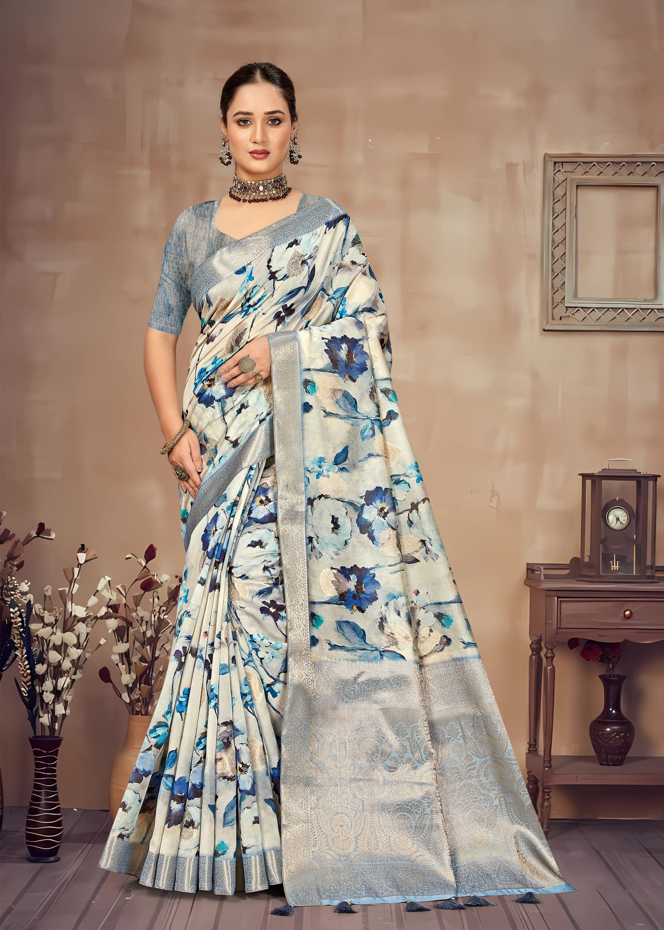 Multicolor Organza Saree with Floral Designs, Gleaming Zari Borders an ...